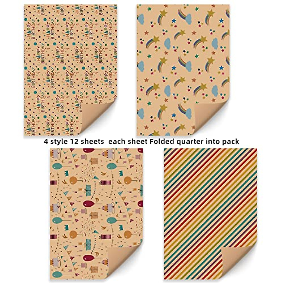 PlandRichW Birthday Wrapping Paper for Kids Girls Women Boys Men,12 Sheets Kraft Brown Recycled Gift Wrapping Paper 4 Styles of ''Happy Birthday'' Balloon Rainbow Stars Precut 20" X 29" Folded