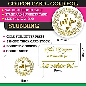 PARTH iMPEX 50 Coupon Cards - Gold Foil Stamping 3.5"x2" Blank Gift Certificates Redeem Vouchers