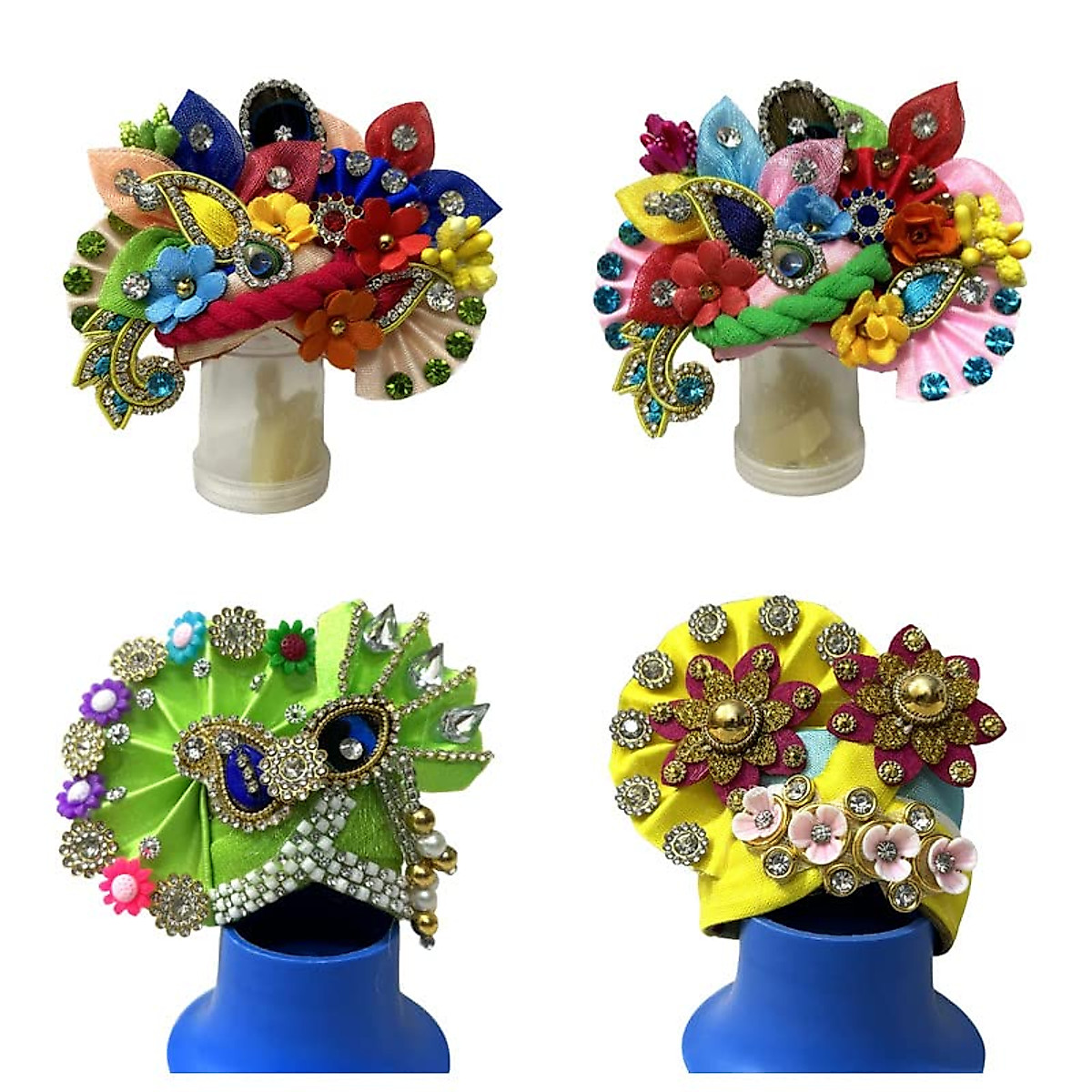 (4 No Size) Premium Colorful Embroidery Dress for Laddu Gopal Ji (Pack of 9) with 4 Zari Mukut, 4 Stone Mala, 4 Pair Kangan, 4 Flute | 8 inch Diameter Dress |C6