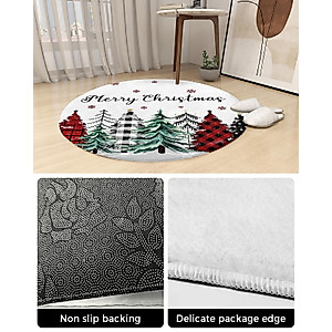Buffalo Plaid Tree Fluffy Round Area Rug Carpets 3.3ft, Plush Shaggy Carpet Soft Circular Rugs, Non-Slip Fuzzy Accent Floor Mat for Living Room Bedroom Nursery Decor Christmas Red Green Black Dots