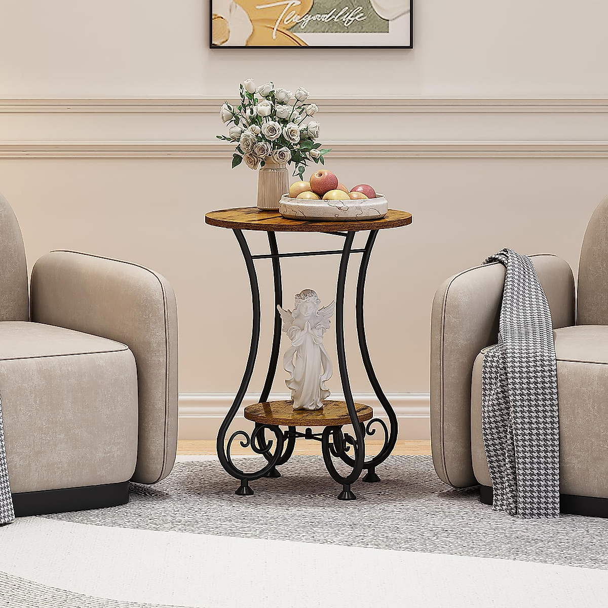 X-cosrack Round End Table, Industrial Retro Round Side Table for Small Spaces, Coffee Table for Living Room Balcony Bedroom Office,Stable Wood and Metal Frame,17.72" L x 17.72" W x 24.22" H