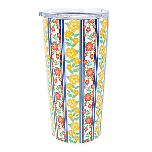Martha Stewart Insulated Coffee Tumbler, 16 Ounce Stainless Steel Travel Mug with Lid, Double-Wall Design for Hot or Cold Beverages, Floral Stripe