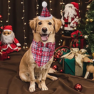 PTDECOR Christmas Dog Bandana Hat Bow, Red Plaid Dog Christmas Hat Scarf Triangle Dog Bibs Kerchief Christmas Bandanas for Small Medium Dogs Pets