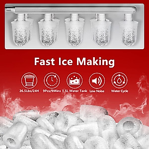 KUMIO Ice Makers Countertop, 26.5 Lbs/24H, 9 Bullet Ice Ready in 6-9 Mins with Ice Scoop and Basket, Compact Portable Ice Maker for Home Office Camping Party RV, Red