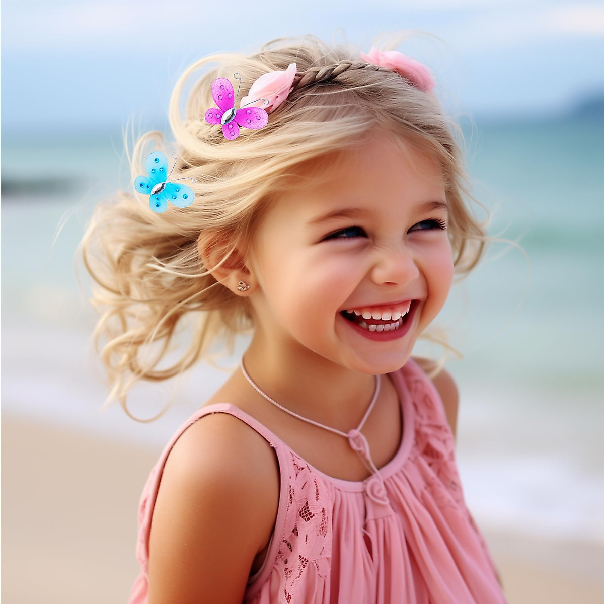 PinkSheep Hair Clip, Butterfly Flower Hair Accessory for Little Girl, 12PCS Tulle Mesh Hair Bows Colorful Flower Hair Pins Barrettes, for Toddler Baby Girls