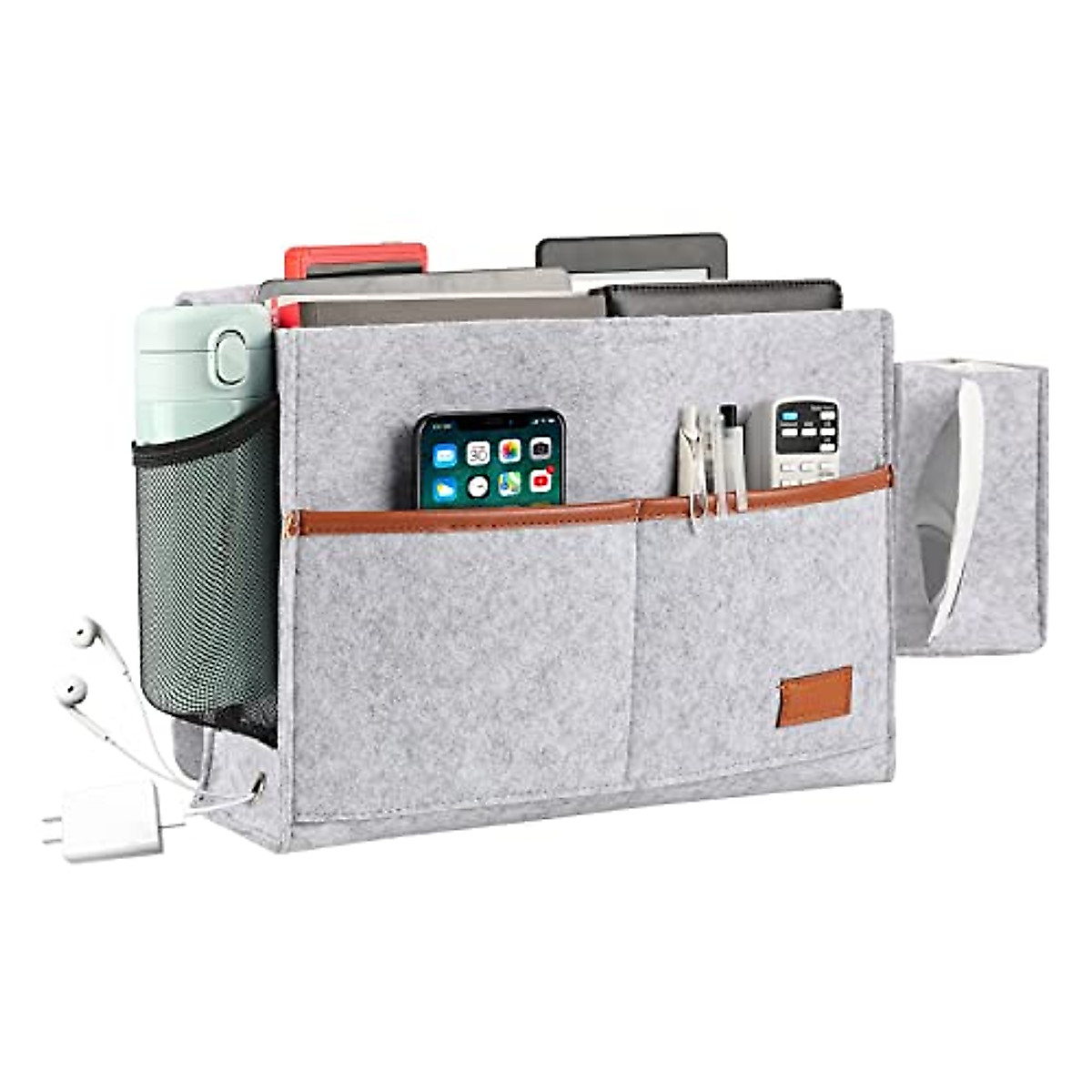 Surblue Bedside Caddy Felt Bed Storage Organizer Hanging Bag with Tissue Box and Water Bottle Pocket for Mattress Sofa Bunk Bed Bed Rails Lightgray