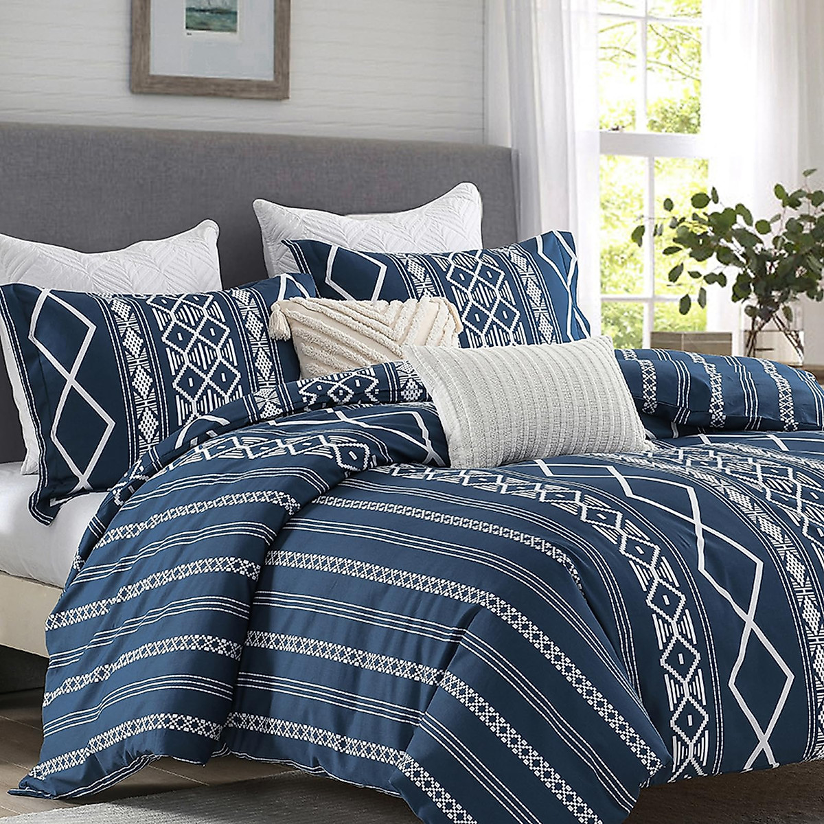 Navy Blue Duvet Cover King - 100% Cotton Duvet Cover King Size, 3 Pieces Aztec Geometric Duvet Cover Set, Super Soft Farmhouse Bedding Duvet Covers for All Season, 104"x90", No Comforter