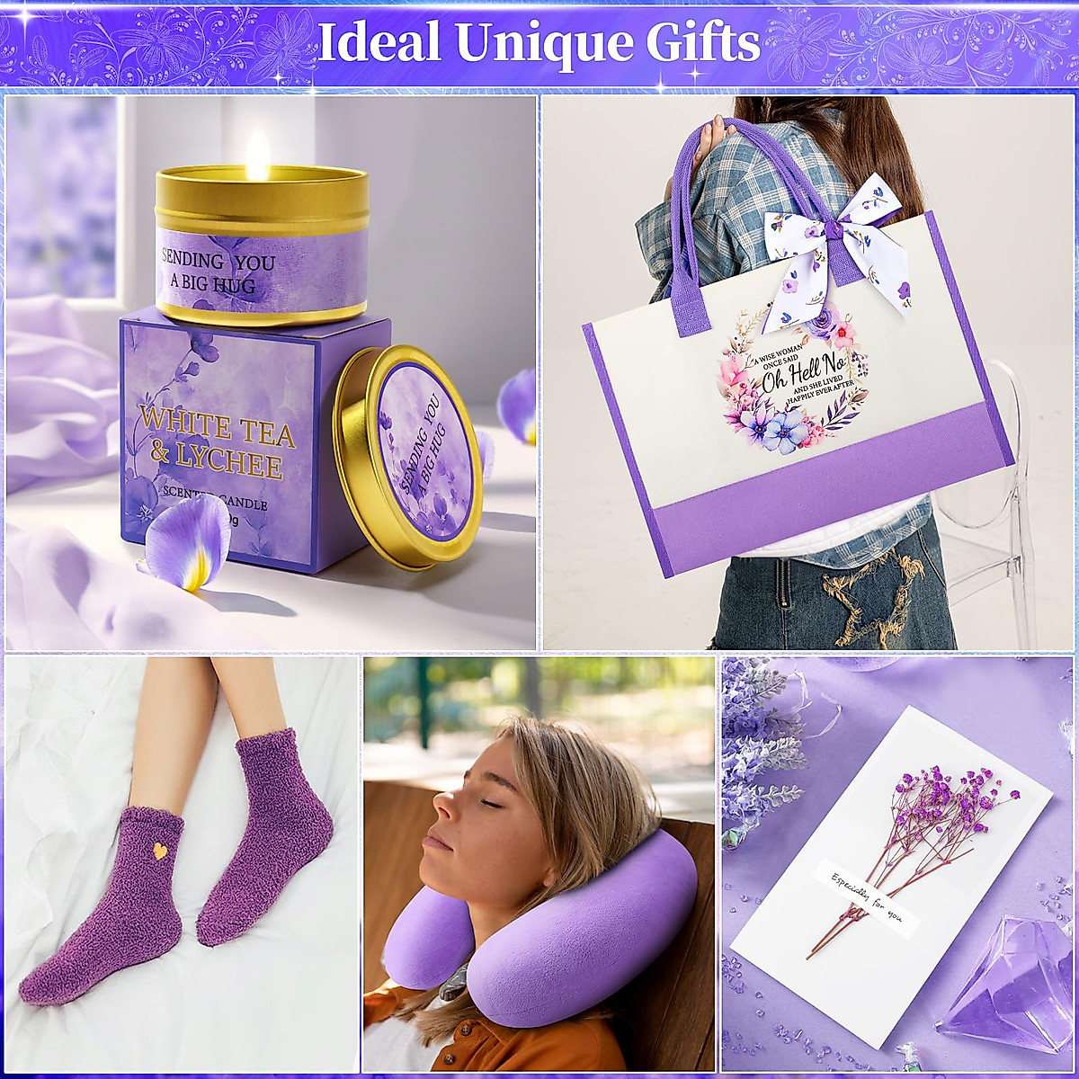 Birthday Gifts for Women -Purple Happy Birthday Gift Basket for Mom, Wife, Girlfriend, Sister, Her, Pillow/Blanket/Tote Bag/Self Care Package Get Well Soon Baskets for Women