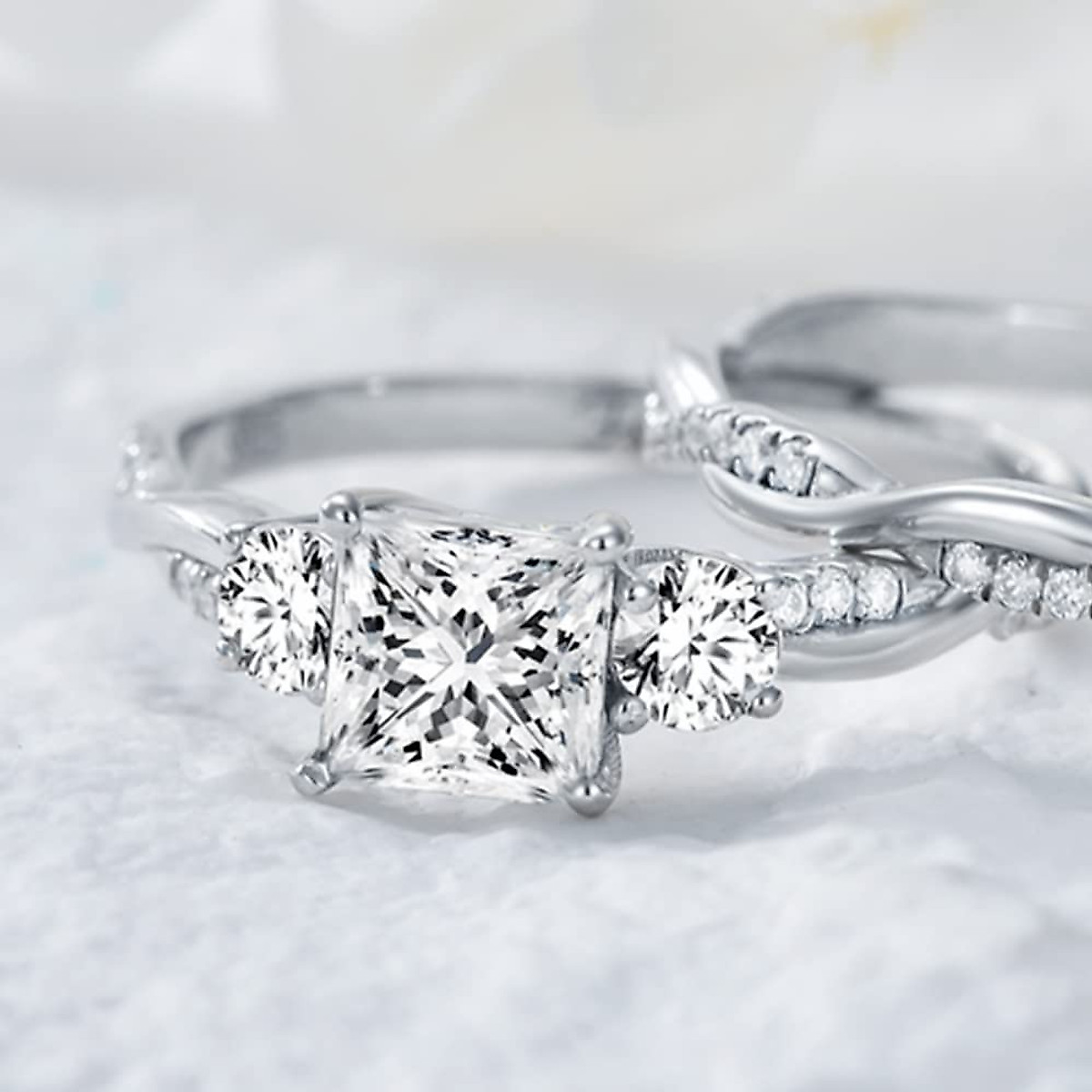 1-1/4 Carat(ctw) Princess Cut Engagement Rings for Women White Gold 3 Stone Moissanite Engagement Rings Platinum Plated Silver 10K 14K 18K Gold Wedding Anniversary Promise Rings with Text Engraving(Platinum Plated Silver)