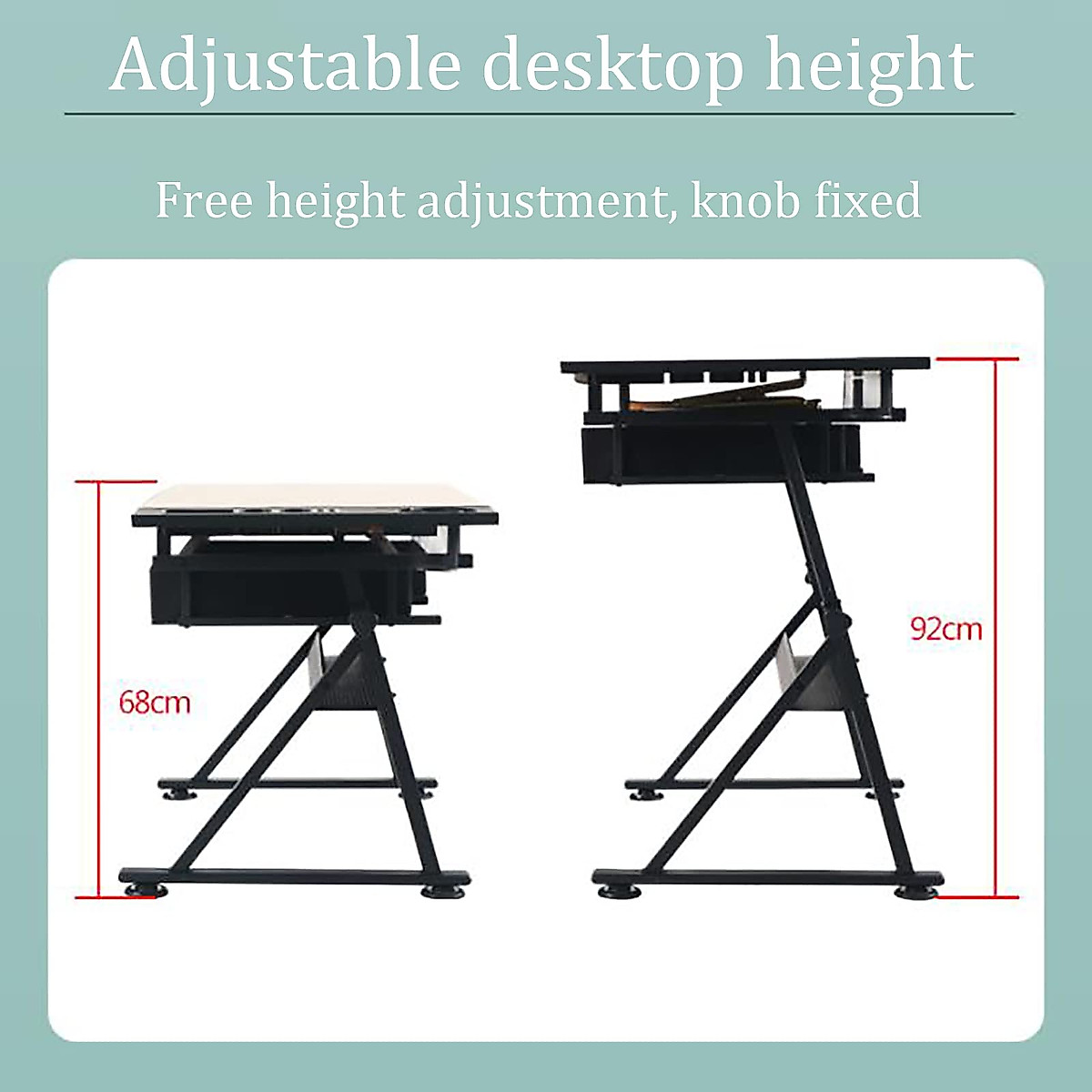 EESHHA Drawing Table Adjustable Height Drafting Desk/Tiltable Glass Tabletop Drawing Table with 2 Storage Drawers and One Side, for Reading, Writing Art Craft W/Stool, 90 * 60 * 78-93CM