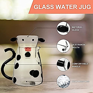 1 Set Glass Carafe Pitcher with Glass Mug Cute Cow Glass Tea Pitcher Kettle Milk Jug Night Water Carafe for Midnight Drink Home Office Hotel 550ml