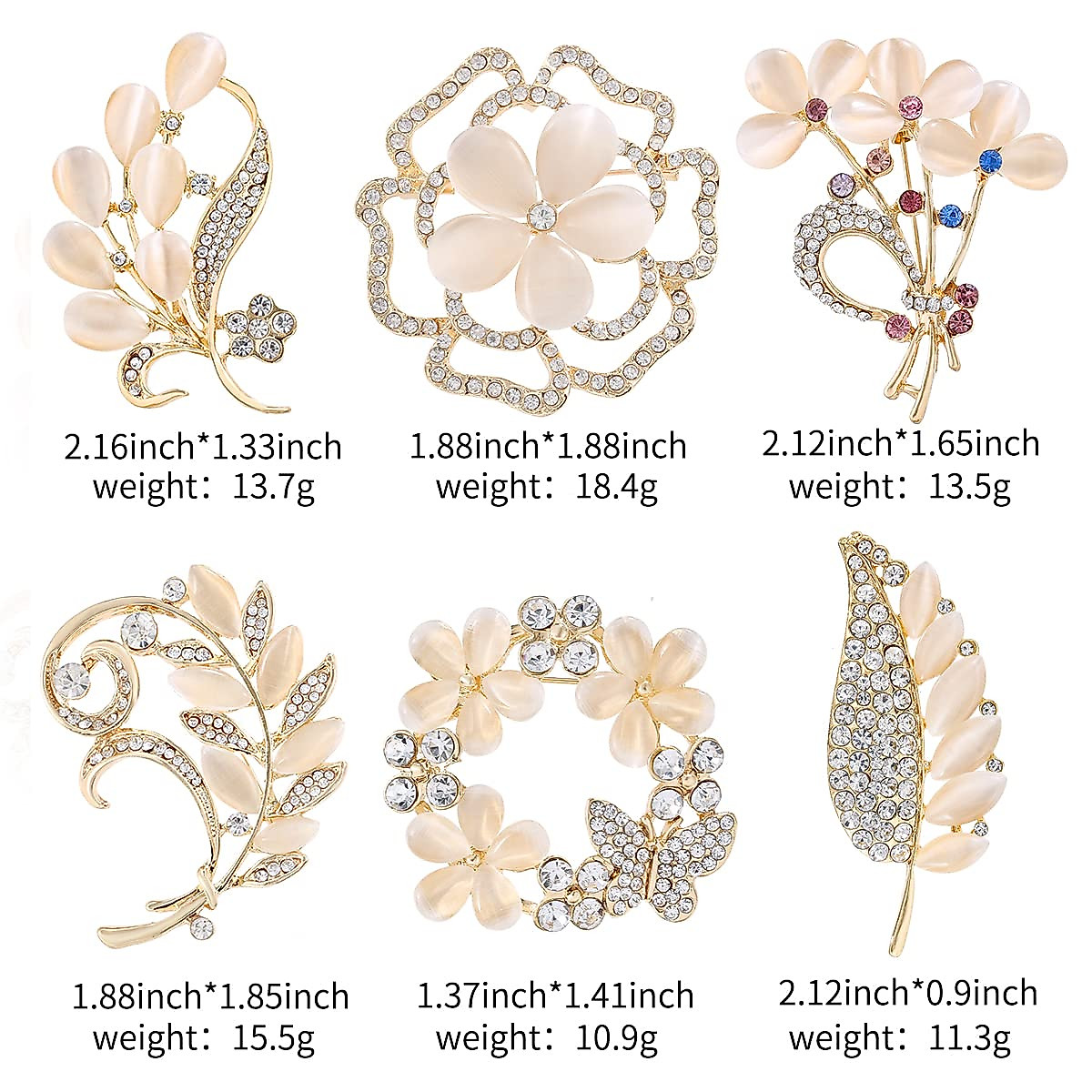 WMHaiMo Lot 6pcs Opal Cat's Eye Stone Crystal Rhinestone Leaf Flower Brooch Pin set for Women