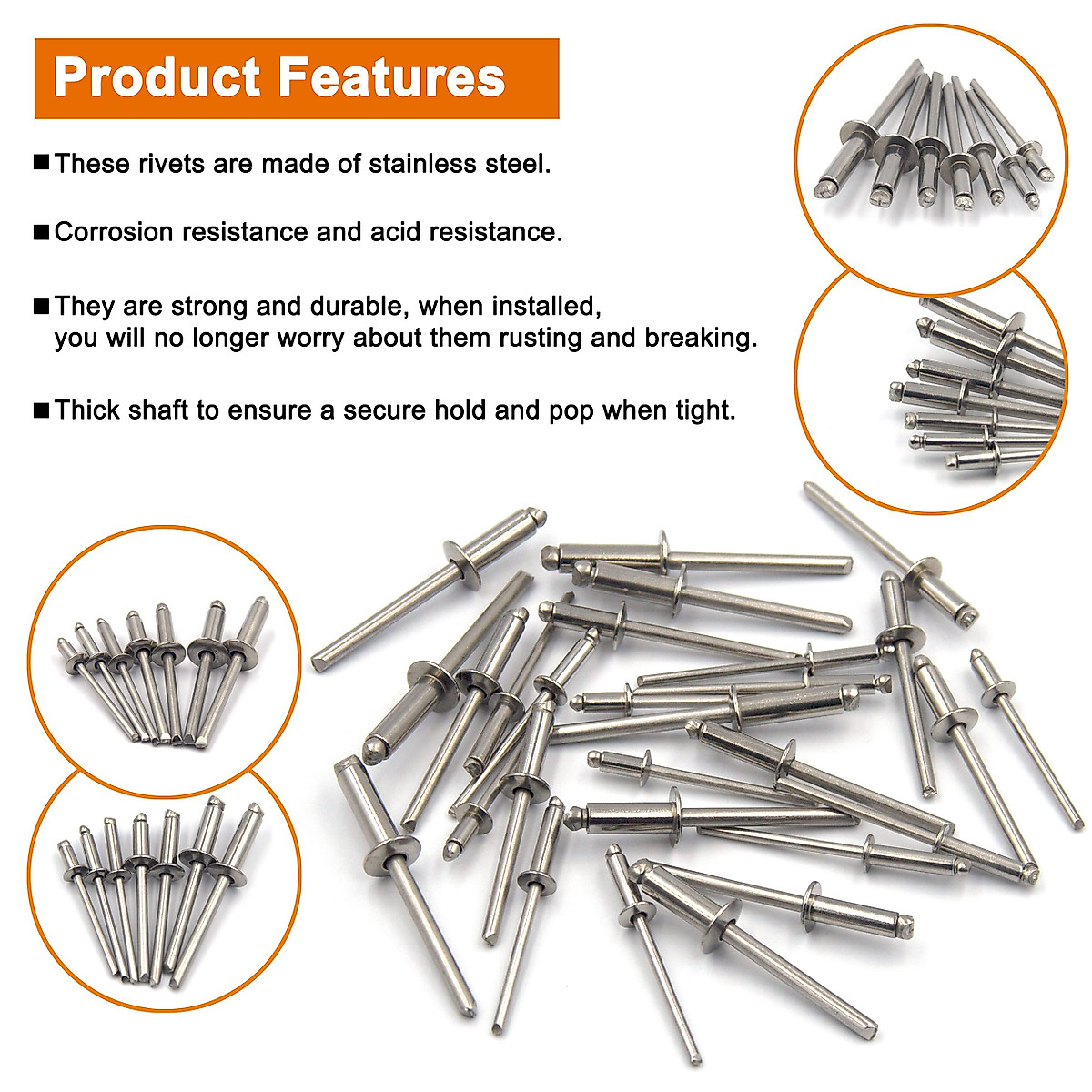 ISPINNER 260pcs Stainless Steel Blind Rivets, 7 Sizes Pop Rivets Assortment Kit