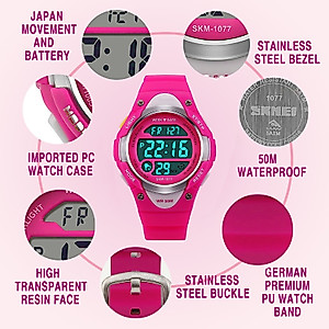 cofuo Girls Boys Digital Watch - Kids Sports Waterproof Outdoor Watches with Alarm Stopwatch Youth Children LED Electronic Wristwatch - Rose Red