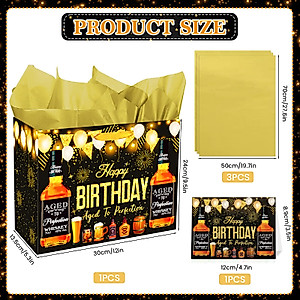 Whiskey Birthday Gift Bag for Men Whiskey Birthday Wrapping Paper Bag with Card Tissue Paper Whiskey Present Bag Beer Themed 30th 40th 50th 60th 70th 80th Birthday Gifts for Him Party Decorations