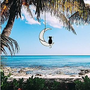 Black Cat Decor On White Moon, Stained Glass Window Hangings, Cat Suncatcher Window Panels Hangings Sun Catcher Ornament Decoration for Wall Home Garden Decor Bird cat, Gift for cat Lovers (Orange)