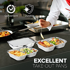 Fit Meal Prep [50 Pack 3 Compartment 8.5 x 6.5 x 1.5 Rectangular Disposable Aluminum Foil Pan Take Out Food Containers with Flat Board Lids, Hot Cold Freezer Oven Safe