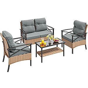 YITAHOME 4-Piece Patio Furniture Wicker Outdoor Bistro Set, All-Weather Rattan Conversation Loveseat Chairs for Backyard, Balcony and Deck with Soft Cushions and Metal Table (Light Brown+Gray)