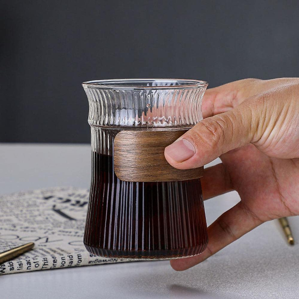 Sizikato 2pcs Borosilicate Glass Teacup, Striped Glass Coffee Cup, Non-Slip and Anti-Scald