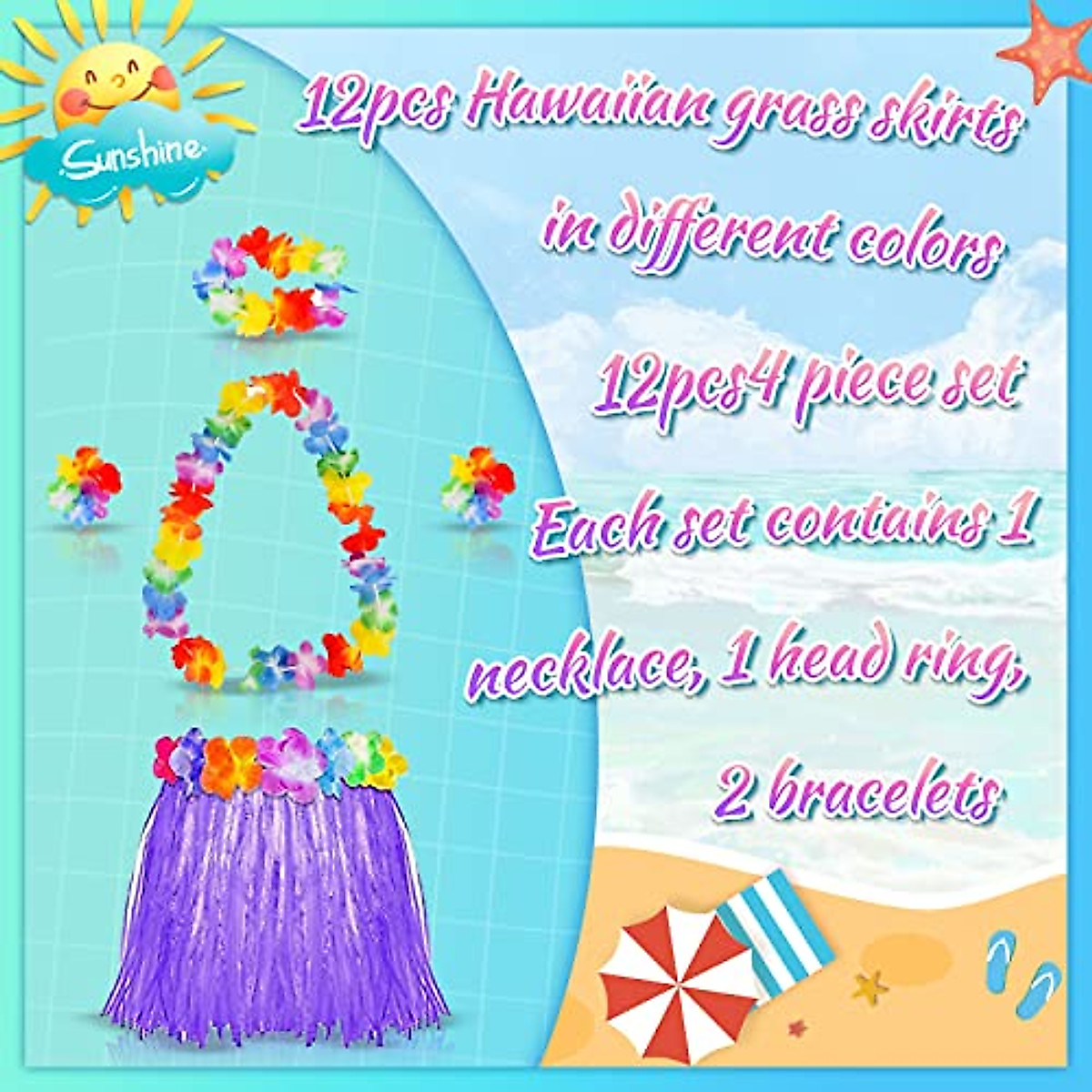 60 Pcs Hawaiian Luau Hula Skirts Decorations , Hawaiian Grass Skirts Leis Necklaces Bracelets for Tropical Beach Party Holiday Party Favor Decorations Tropical Themed Party Dance,Festive Occasions