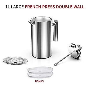 BINE French Press Coffee Maker, Stainless Steel 8 Cups 34oz Double-Wall Metal Insulated Coffee Tea Makers with 4 Level Filtration System, Rust-Free, Dishwasher Safe