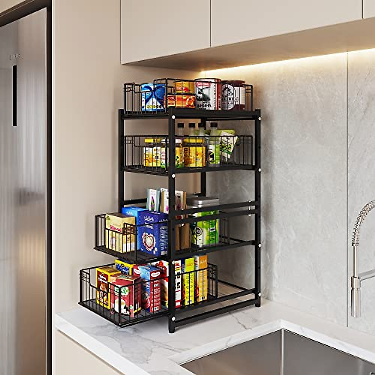 GCWPINFO Under Sink Organizers and Storage,2-Tier Pull-Out Cabinet Organizer with Sliding Drawers,Stackable Under Sink Organizer for Kinchen&Bathroom(Black)