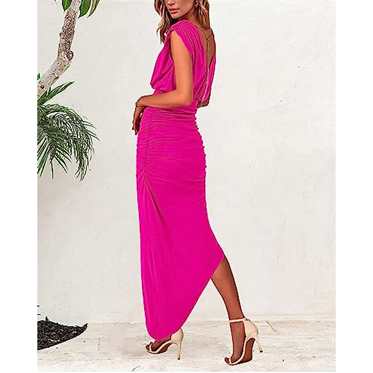 BTFBM Semi Formal Dresses for Women Sleeveless Sundress Asymmetrical Slit Ruched Bodycon Long Wedding Guest Dresss(Solid Rose Red, Medium)