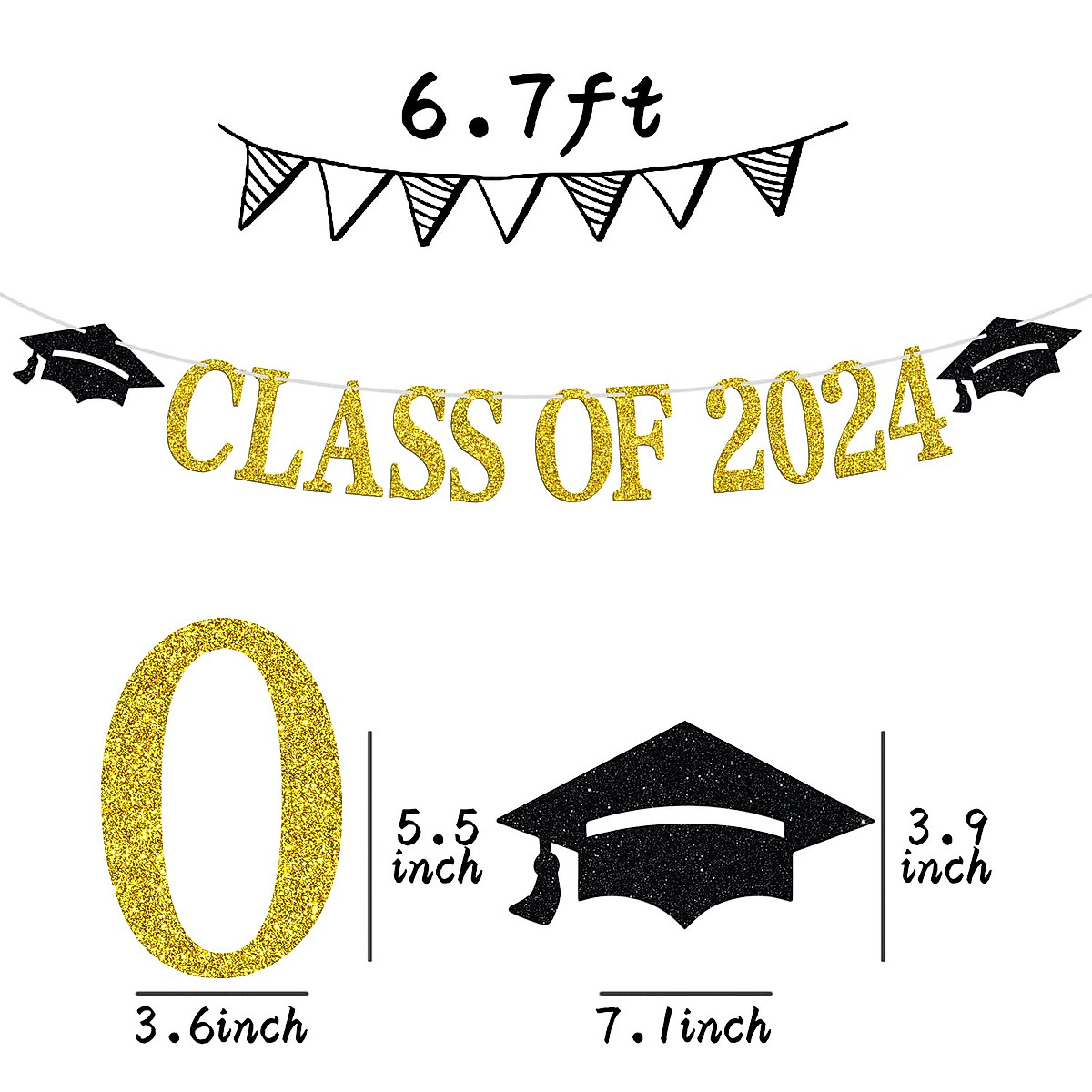 Class of 2024 Banner, Congrats Grad Bunting Sign for 2024 High School College Graduation Party Decorations Supplies, Black and Gold Glitter