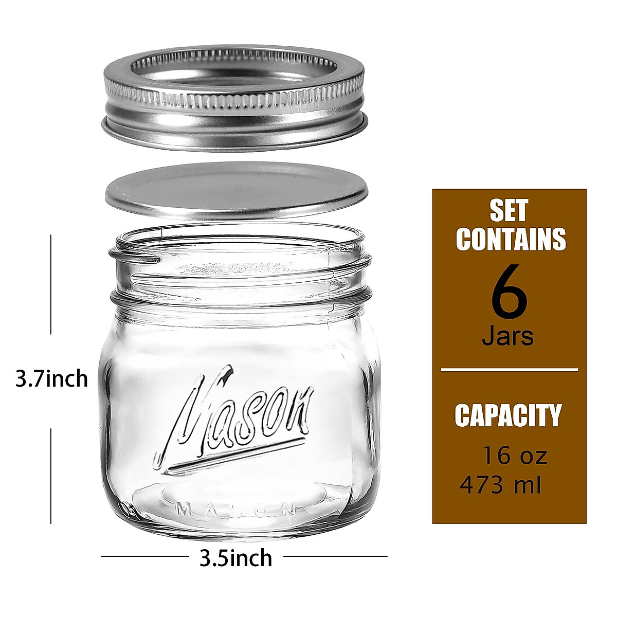 Ieavier 6 PACK Wide Mouth Mason Jars 16oz with Airtight Lids and Bands, Canning Jars with Crystal Glass for Food Storage, Spice Jars, Canning, DIY Projects, Jam, Jelly, Honey, Preserving, Drinking
