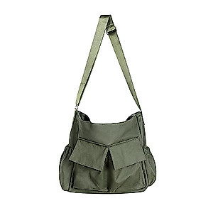 Canvas Messenger Bag Crossbody Shoulder Bag for Men and Women Vintage Tote Laptop Bag Large Hobo Bag with Multiple Pockets (Army Green)