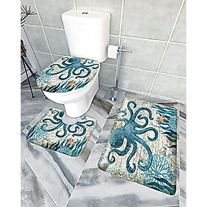 Savannan Octopus 3 Piece Bathroom Rugs Set, Underwater World Retro Watercolor Seaweed Blue Absorbent Soft Bath Mat & Small:18inchx30inch+14inchx18inch+15inchx18inch