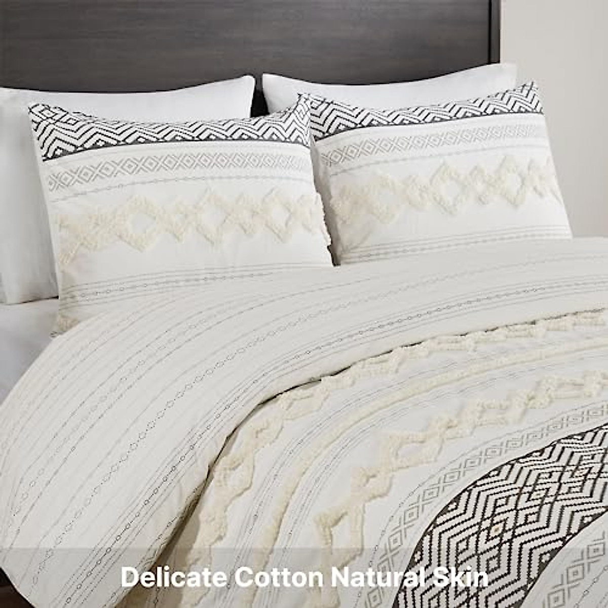 Hyde Lane Asha Boho Duvet Cover King, Farmhouse Ivory 100% Cotton Tufted Bedding Set with Zipper, Mid Century Modern Comforter Covers, 3 Pieces Including Matching Pillow Shams (104x90 Inches)