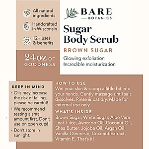 Bare Botanics Brown Sugar Body Scrub 20 oz - Naturally Scented Coconut Vanilla Sugar Scrub Made in Madison, WI - Formulated w/Skin Loving Moisturizers - Vegan, Cruelty Free w/a Cute Wooden Spoon