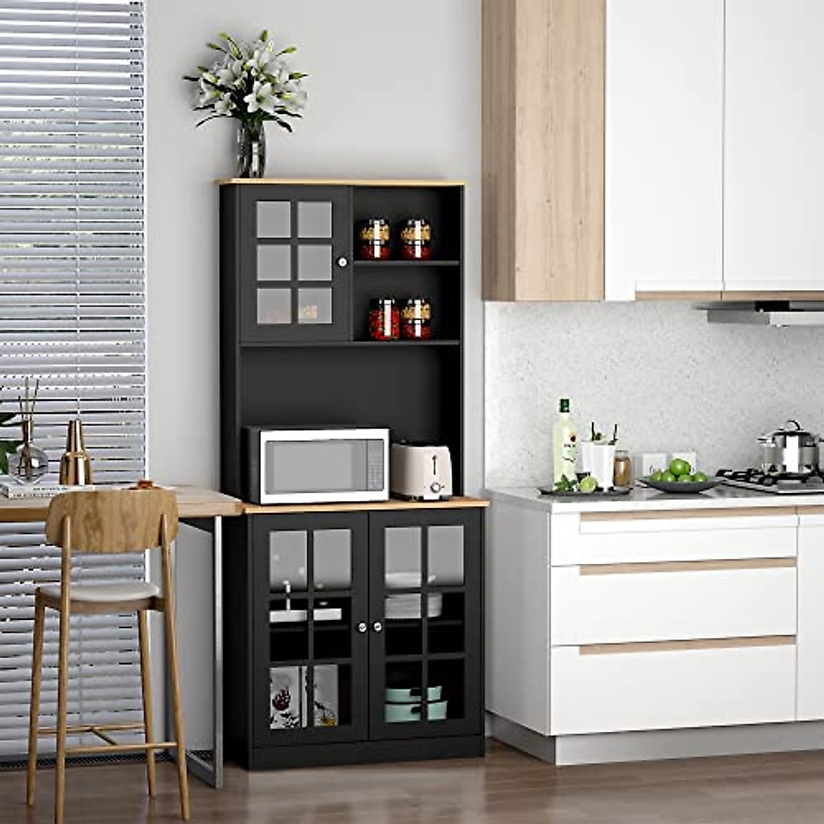HOMCOM Kitchen Buffet with Hutch, Storage Pantry with 3 Cabinets, 2 Open Shelves and Large Countertop, Black
