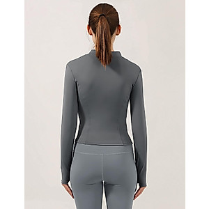 Locachy Women's Lightweight Stretchy Workout Full Zip Running Track Jacket with Thumb Holes Grey L