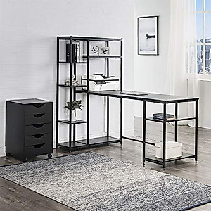 Modern Luxe L-Shaped Corner with Bookshelf 2-Pieces Computer PC Table Set Home Office Desk with Shelves, Black