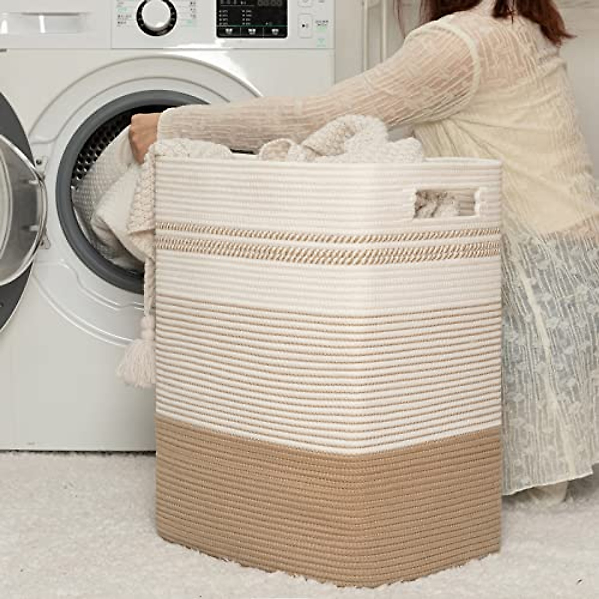 SIXDOVE Laundry Hamper, Large Woven Rope Tall Laundry Basket with Handles, 22" X 17" X 13", Decorative Storage Basket for Clothes and Blankets in Living room, Bedroom, Jute & White