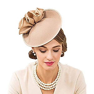 F FADVES Wedding Wool Pillbox Fascinators Felt Fedora Hat Women Flower Derby Church Tilt Hats Khaki