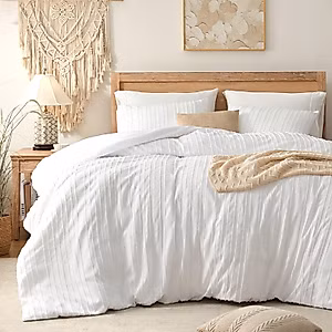 BESTSWEETIE White Duvet Cover Queen Size – Striped Tufted Queen Duvet Cover Set with Zipper Closure, 3pcs Soft Microfiber Boho Duvet Cover Set for All Seasons (Queen, 90”x90”)