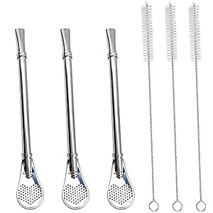 GFDesign Yerba Mate Bombilla Gourd Drinking Filter Straws Stirrer Food-Grade 18/8 Stainless Steel - Set of 3 with 3 Cleaning Brushes - 6.1" Long