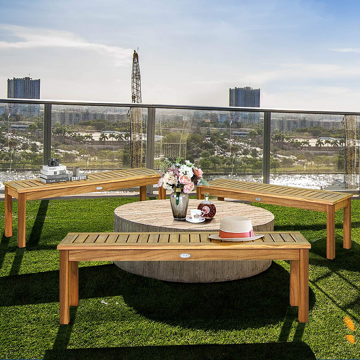 Tangkula 52 Inches Acacia Wood Outdoor Bench, Wood Bench for Dining Room Entryway Poolside Garden, Patio Backless Dining Bench with Slatted Seat, Ideal for Outdoors & Indoors