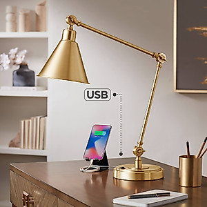 360 Lighting Wray Modern Desk Lamp 26 3/4" High with USB Charging Port Warm Brass Gold Metal Adjustable Arm Head for Bedroom Living Room House Bedside Nightstand Home Office Reading Family