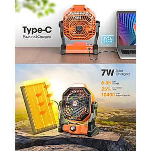 10400mAh Solar Fan, Camping Fan with Solar Panel, 7W 9-Inch Rechargeable Battery Operated Fan for Outside, LED Lantern, Stepless Speed and Quiet Battery Powered Solar Tent Fan for Tent,Outdoor, Office