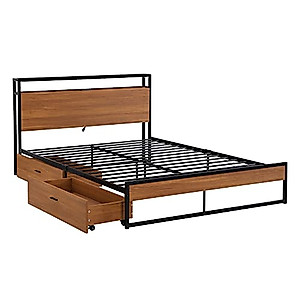 EMKK Queen Size Metal Platform Bed Frame with 2 Drawers,Sockets and USB Ports,Metal and Wood Platform Bed Frame, Wood Slat Support, No Box Spring,Easy Assembly, Black, Queen