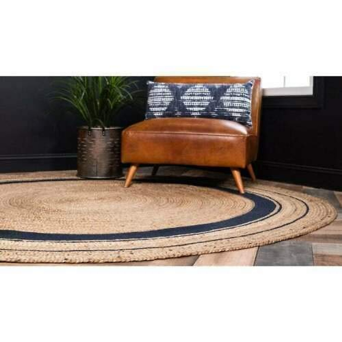 Vipanth Jute Rug Beige with Black Line Hand Braided Natural Jute Round Area Rug for Home Decor (8 Feet Round)