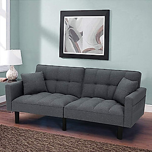 HOMHUM Modern Linen Convertible Futon Sofa Bed Folding Couch Recliner Adjustable Back with Arm Set for Living Room, Grey