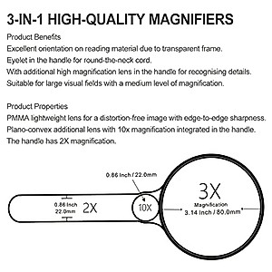 Staoptics 3 IN1 Magnifying Glass 3X 2X 10X Transparent Handheld Magnifier for Kids Seniors Reading Small Prints &Low Vision Macular Degeneration