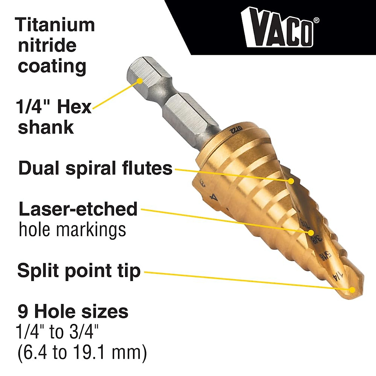 Klein Tools 25963 Step Drill Bit, 1/4 to 3/4-Inch, Spiral Double-Fluted, Cuts Thin Metal, Plastic, Aluminum, Wood, 1/4-Inch Hex Shank, VACO