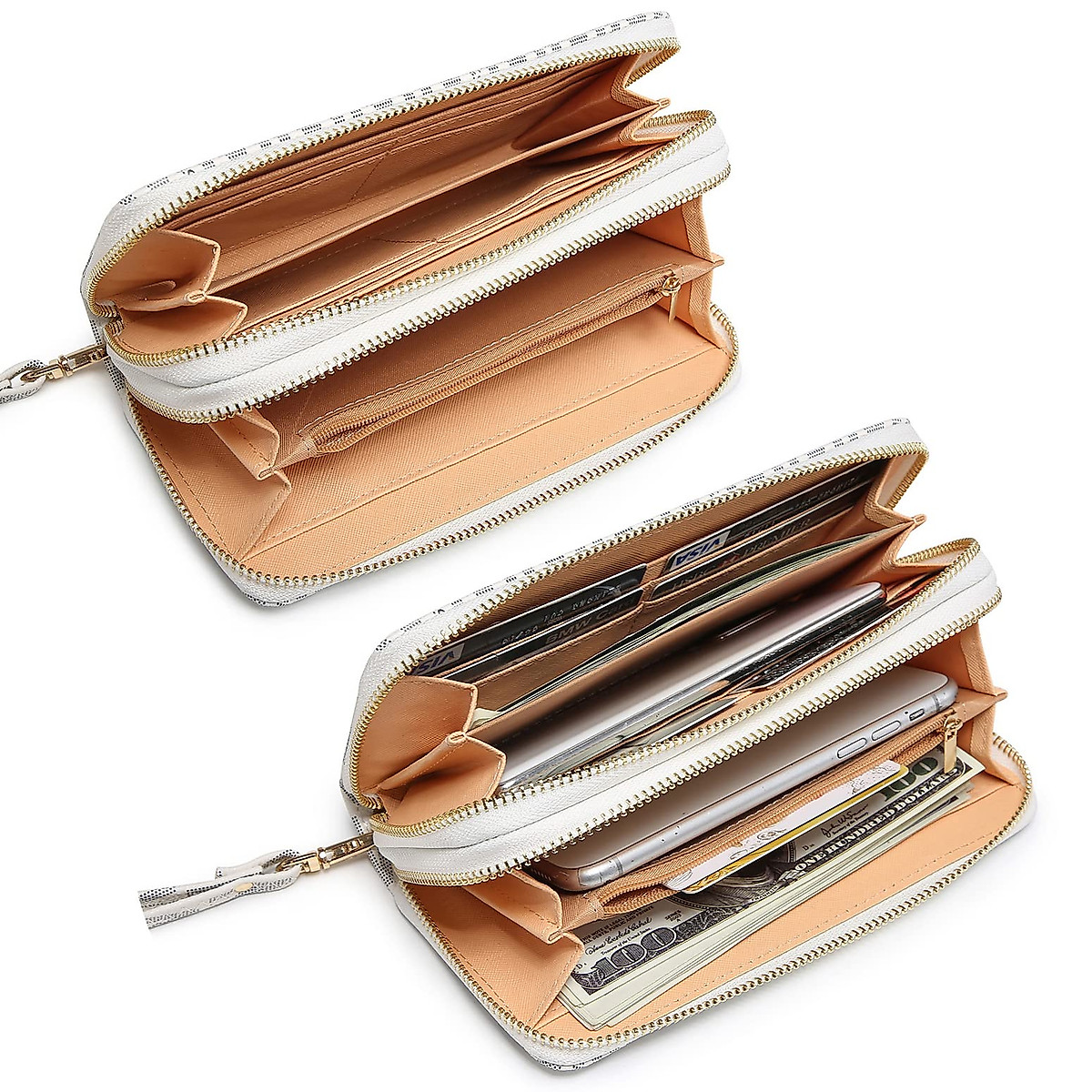 MKP COLLECTION Womens Fashion Double Zip Around Wallet Long Purse Credit Card Holder Bifold Ladies Cluth Wristlet Wrist Strap