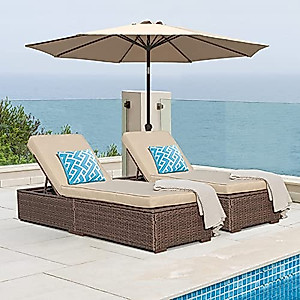 Super Patio Outdoor Chaise Lounge Chair, Patio Pool Lounge Chairs for Outside, Rattan Reclining Chaise Lounger with Adjustable Backrest and Removable Cushions, Beige(Set of 2)